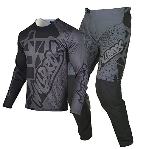 Willbros Motocross Jersey Pants Combo Mens Women Adult MX Gear Set Protective Offroad Dirt Bike Set Riding Racewear Black Grey (Jersey L Pants 34)