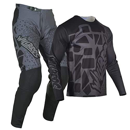 Willbros Motocross Jersey Pants Combo Mens Women Adult MX Gear Set Protective Offroad Dirt Bike Set Riding Racewear Black Grey (Jersey L Pants 34)