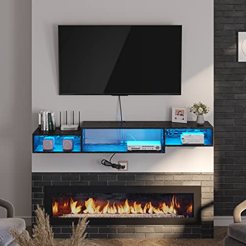 4 EVER WINNER Floating TV Stand Wall Mounted with Power Outlet, 59” Floating TV Shelf Wall Mounted Entertainment Center Modern Media Console with LED Lights, Floating Shelf for Under TV, Black