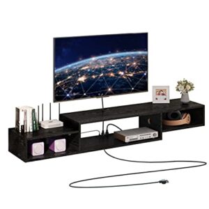 4 EVER WINNER Floating TV Stand Wall Mounted with Power Outlet, 59” Floating TV Shelf Wall Mounted Entertainment Center Modern Media Console with LED Lights, Floating Shelf for Under TV, Black