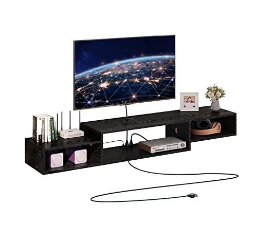 4 EVER WINNER Floating TV Stand Wall Mounted with Power Outlet, 59” Floating TV Shelf Wall Mounted Entertainment Center Modern Media Console with LED Lights, Floating Shelf for Under TV, Black