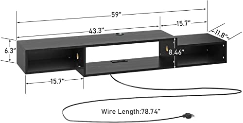 4 EVER WINNER Floating TV Stand Wall Mounted with Power Outlet, 59” Floating TV Shelf Wall Mounted Entertainment Center Modern Media Console with LED Lights, Floating Shelf for Under TV, Black