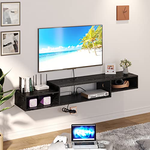 4 EVER WINNER Floating TV Stand Wall Mounted with Power Outlet, 59” Floating TV Shelf Wall Mounted Entertainment Center Modern Media Console with LED Lights, Floating Shelf for Under TV, Black