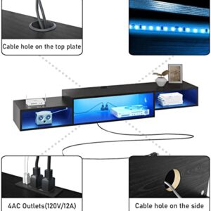 4 EVER WINNER Floating TV Stand Wall Mounted with Power Outlet, 59” Floating TV Shelf Wall Mounted Entertainment Center Modern Media Console with LED Lights, Floating Shelf for Under TV, Black