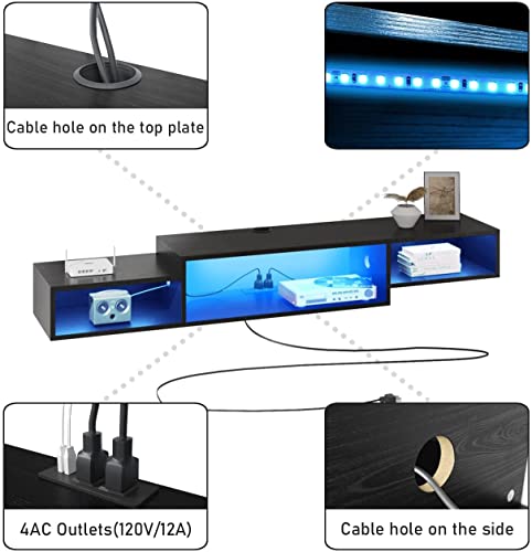 4 EVER WINNER Floating TV Stand Wall Mounted with Power Outlet, 59” Floating TV Shelf Wall Mounted Entertainment Center Modern Media Console with LED Lights, Floating Shelf for Under TV, Black