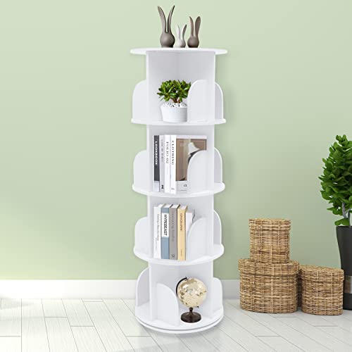 ZHFEISY Rotating Bookshelf 4 Tier Nordic Style White Bookcase 220 lbs Bearing Capacity Corner Bookshelf for Living Room Bedroom Study Office