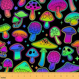 cute mushroom upholstery fabric,purple teal mushrooms fabric by the yard for kids girls teens,trippy botanical decorative fabric colorful wild plants stars decor quilting fabric 2 yards