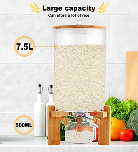 JIAWANSHUN Rice Dispenser Rice Container 7.5L Grain Storage with Clear Container Wood Stand for Home Kitchen Use Black Rice, Mung Beans, Red Beans, Lentils Container