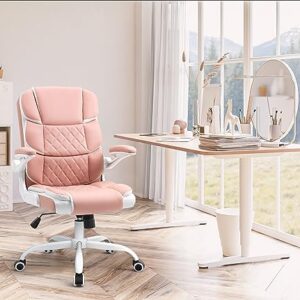 SEATZONE Pink Desk Chair Modern Executive Office Chair with Arms PU Leather Computer Desk Chair for Girls Women