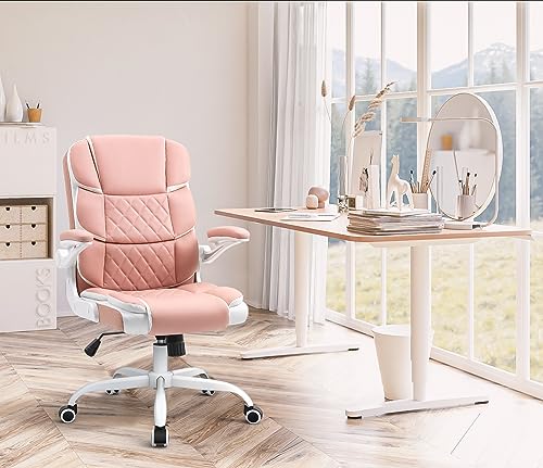 SEATZONE Pink Desk Chair Modern Executive Office Chair with Arms PU Leather Computer Desk Chair for Girls Women