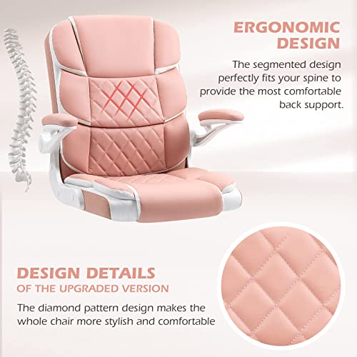 SEATZONE Pink Desk Chair Modern Executive Office Chair with Arms PU Leather Computer Desk Chair for Girls Women