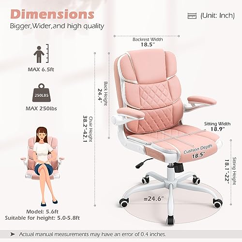 SEATZONE Pink Desk Chair Modern Executive Office Chair with Arms PU Leather Computer Desk Chair for Girls Women