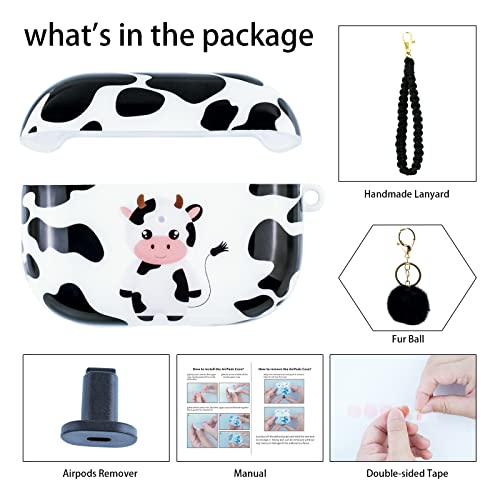 Cute Airpod Pro Case with Lanyard Keychain, ORATYFAN Air Pod Pro Hard Protective Charging Case Cover with Pom Pom Ball and Fadeless Patterns for Women Girls Gift(Cow)