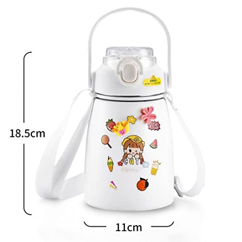 Tualrvvc Insulated Water Bottle 32 oz for Kids Flip-Top Thermos Random Cute Stickers Big Belly Bottle with Straw Handle Strap Light Navy Blue