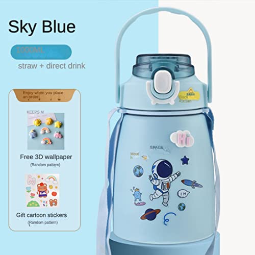 Tualrvvc Insulated Water Bottle 32 oz for Kids Flip-Top Thermos Random Cute Stickers Big Belly Bottle with Straw Handle Strap Light Navy Blue