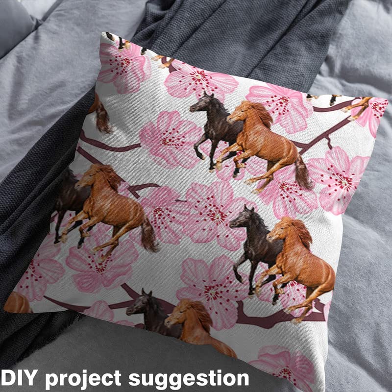 Horse Upholstery Fabric by The Yard, Cherry Blossom Galloping Horses Outdoor Fabric by The Yard, Girls Sakura Horse Lover Decorative Fabric for Upholstery and Home DIY Projects, 1 Yard, Pink Brown