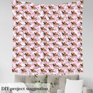 Horse Upholstery Fabric by The Yard, Cherry Blossom Galloping Horses Outdoor Fabric by The Yard, Girls Sakura Horse Lover Decorative Fabric for Upholstery and Home DIY Projects, 1 Yard, Pink Brown