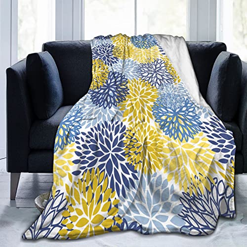 Abucaky Blue Yellow Navy Chrysanthemum Flowers Fleece Throw Blanket Ultra Soft Cozy Decorative Flannel Blanket All Season for Home Bed Couch Chair Travel 50x40in