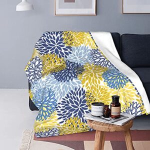 Abucaky Blue Yellow Navy Chrysanthemum Flowers Fleece Throw Blanket Ultra Soft Cozy Decorative Flannel Blanket All Season for Home Bed Couch Chair Travel 50x40in