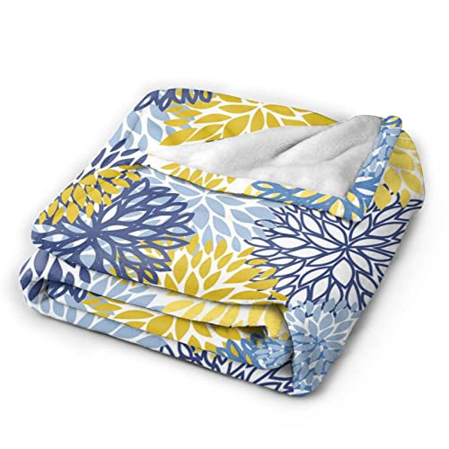 Abucaky Blue Yellow Navy Chrysanthemum Flowers Fleece Throw Blanket Ultra Soft Cozy Decorative Flannel Blanket All Season for Home Bed Couch Chair Travel 50x40in