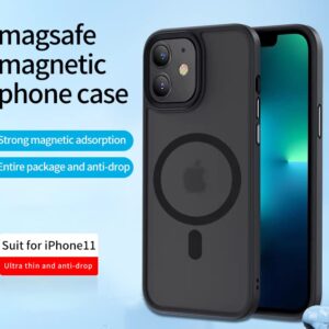 Tigowos Magnetic Case for iPhone11 Case [10FT-Grade Drop Tested & Compatible with MagSafe] Translucent Anti-Fingerprint Anti Shockproof Protective Shell 6.1 Inch, Black