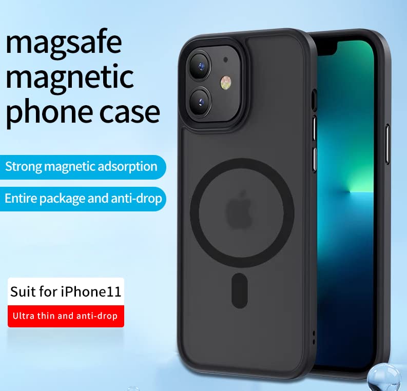 Tigowos Magnetic Case for iPhone11 Case [10FT-Grade Drop Tested & Compatible with MagSafe] Translucent Anti-Fingerprint Anti Shockproof Protective Shell 6.1 Inch, Black