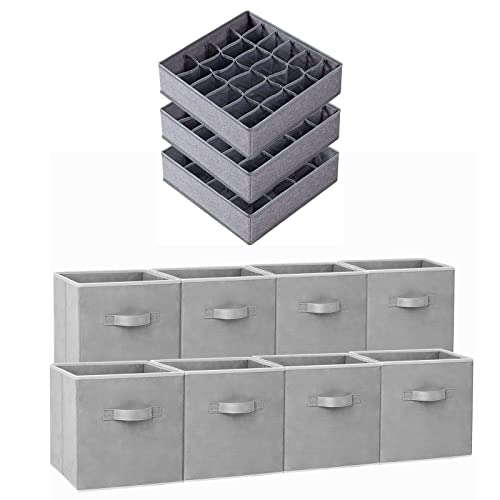 8 Pack 11 inch Fabric Storage Cubes with 3 Pack Sock Underwear Drawer Organizer for Clothing Organization and Storage