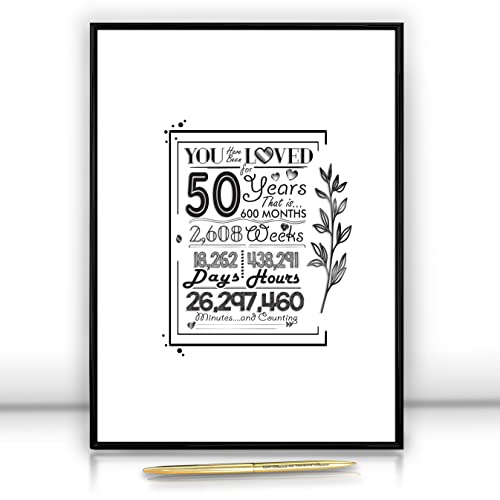 DOUBLESHOOT Black Frame Sign Poster 50th Birthday Decorations for Men & Women 12"x16"- 50 Birthday Party Favors, Guest Book Alternative – With Pen & Wall Hanger – 50 Years Old Gifts for Him & Her