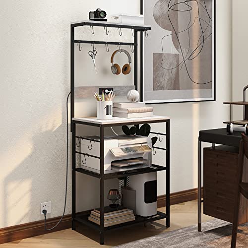 GiftGo Kitchen Bakers Rack with Power Outlet, Coffee Bar Table 4 Tiers, Kitchen Microwave Stand Multifunctional Kitchen Storage Shelf Rack for Spices, Pots and Pans (Grey)