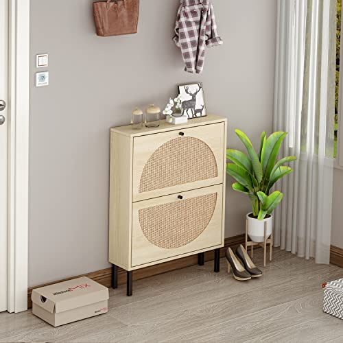 Natural Rattan Shoe Cabinet with 2 Flip Drawers, Free Standing Shoe Racks Storage Cabinet with Metal Legs, Shoe Organizers Entrance Hallway Shoe Rack Cabinet for Heels, Boots, Slippers (Natural)