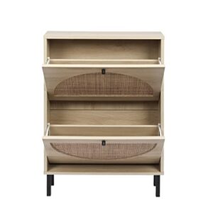 Natural Rattan Shoe Cabinet with 2 Flip Drawers, Free Standing Shoe Racks Storage Cabinet with Metal Legs, Shoe Organizers Entrance Hallway Shoe Rack Cabinet for Heels, Boots, Slippers (Natural)