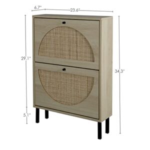 Natural Rattan Shoe Cabinet with 2 Flip Drawers, Free Standing Shoe Racks Storage Cabinet with Metal Legs, Shoe Organizers Entrance Hallway Shoe Rack Cabinet for Heels, Boots, Slippers (Natural)