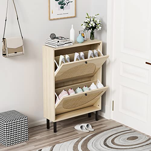 Natural Rattan Shoe Cabinet with 2 Flip Drawers, Free Standing Shoe Racks Storage Cabinet with Metal Legs, Shoe Organizers Entrance Hallway Shoe Rack Cabinet for Heels, Boots, Slippers (Natural)