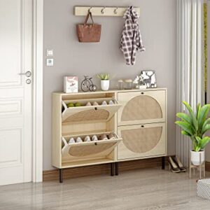 Natural Rattan Shoe Cabinet with 2 Flip Drawers, Free Standing Shoe Racks Storage Cabinet with Metal Legs, Shoe Organizers Entrance Hallway Shoe Rack Cabinet for Heels, Boots, Slippers (Natural)