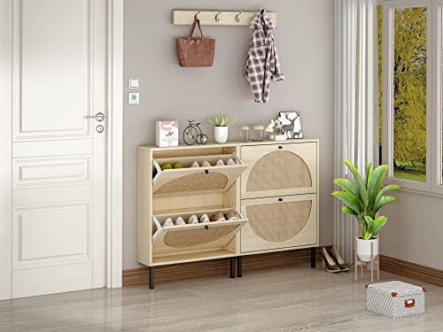 Natural Rattan Shoe Cabinet with 2 Flip Drawers, Free Standing Shoe Racks Storage Cabinet with Metal Legs, Shoe Organizers Entrance Hallway Shoe Rack Cabinet for Heels, Boots, Slippers (Natural)