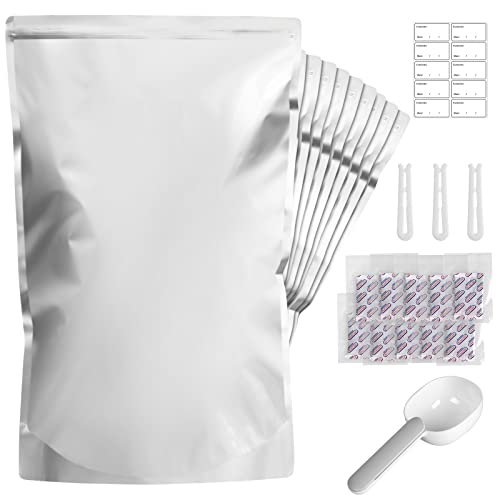 Momtail 10 Pcs 5 Gallon Mylar Bags with Oxygen Absorbers(2500cc),11.8 Mil Thickness Mylar Bags for Food Storage,Heat Sealable,Zipper Resealable,Stand-Up Mylar Bags(27” x 17”)