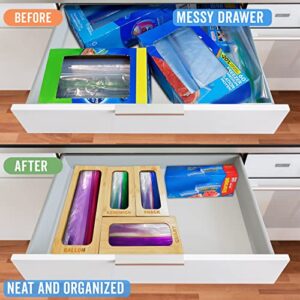 Dharmagic Kitchen Organization and Storage for Drawer Wood Kitchen Food Baggie Dispenser Box Plastic Bag Holder Compatible with Gallon, Quart, Sandwich & Snack Bags from Most Brands Ziplock - Set of 4