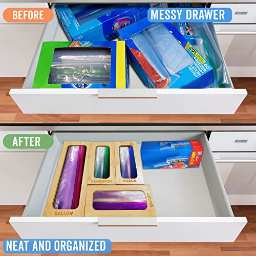 Dharmagic Kitchen Organization and Storage for Drawer Wood Kitchen Food Baggie Dispenser Box Plastic Bag Holder Compatible with Gallon, Quart, Sandwich & Snack Bags from Most Brands Ziplock - Set of 4