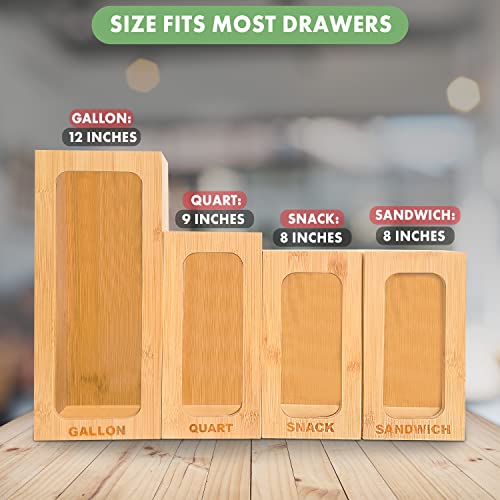 Dharmagic Kitchen Organization and Storage for Drawer Wood Kitchen Food Baggie Dispenser Box Plastic Bag Holder Compatible with Gallon, Quart, Sandwich & Snack Bags from Most Brands Ziplock - Set of 4