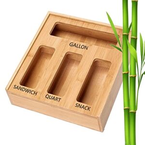 ziplock bag storage organizer, bamboo food storage bag organizer for kitchen drawer compatible with gallon, quart, sandwich and snack variety size bag