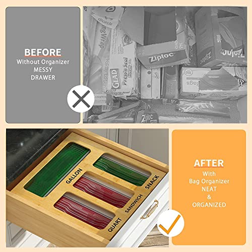 Ziplock Bag Storage Organizer, Bamboo Food Storage Bag Organizer for Kitchen Drawer Compatible with Gallon, Quart, Sandwich and Snack Variety Size Bag