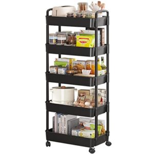 5-tier rolling cart, multipurpose utility cart, rolling carts with lockable wheels, storage cart craft cart organizer for bathroom laundry kitchen,used as book art snack lash makeup diaper cart,black