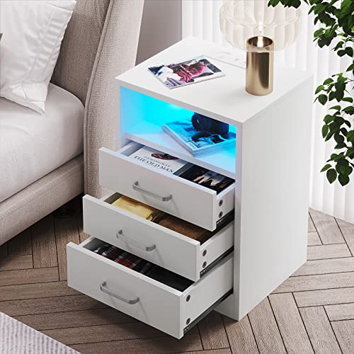 ADORNEVE LED Nightstand with Wireless Charging Stations,Night Stand for Bedroom,Bedside Table with Drawers,Modern End Side Table,White