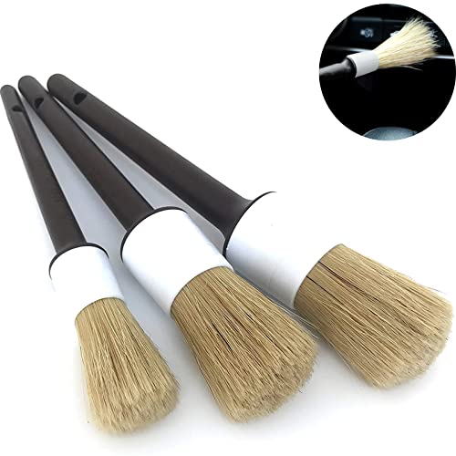 RALIS Detail Boars Hair Ultra Soft Car Detail Brushes Car Detailing Brush - Set of 3 Pcs Different Sizes NO Metal Brush Parts for Cleaning Interior Upholstery, Air Vents, Wheels, Leather