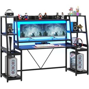 SEDETA Gaming Desk 78.8'' with LED Lights, Hutch and Storage Shelves, Computer Desk with Monitor Stand, Large PC Gamer Desk Workstation, Ergonomic Gaming Table for Bedroom, Living Room, Black