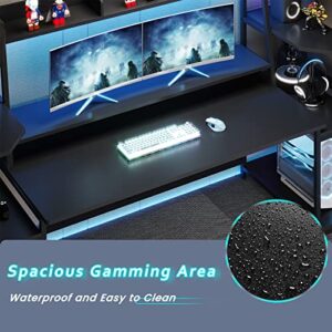 SEDETA Gaming Desk 78.8'' with LED Lights, Hutch and Storage Shelves, Computer Desk with Monitor Stand, Large PC Gamer Desk Workstation, Ergonomic Gaming Table for Bedroom, Living Room, Black