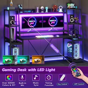 SEDETA Gaming Desk 78.8'' with LED Lights, Hutch and Storage Shelves, Computer Desk with Monitor Stand, Large PC Gamer Desk Workstation, Ergonomic Gaming Table for Bedroom, Living Room, Black