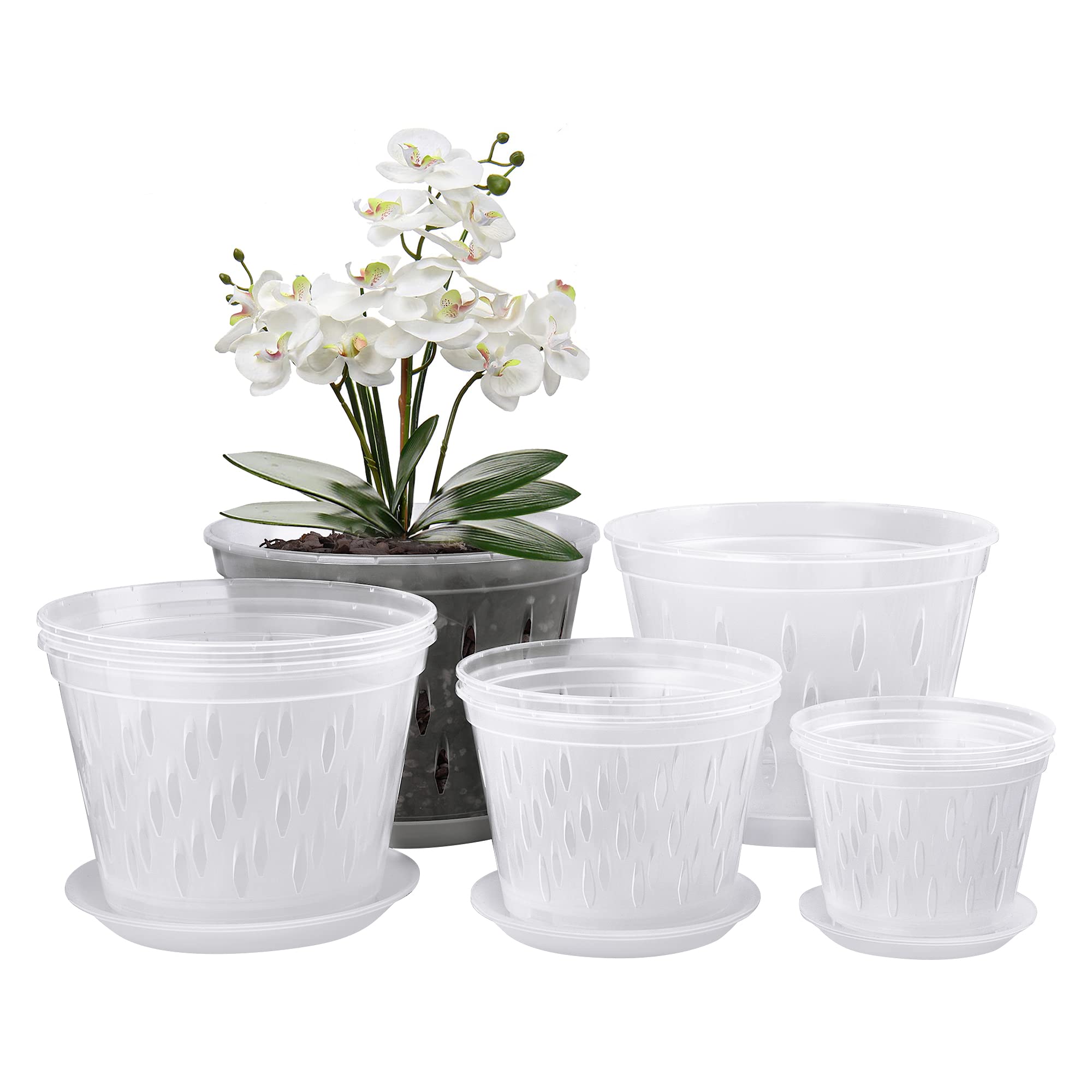 lanccona Orchid Pots- 2 Each of 4, 5, 6 and 7 inch- 8 Pots and Saucers, Orchid Pots with Holes and Clear Plastic Orchid Pots for Repotting