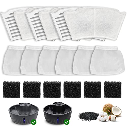 Kastty 6 Pack Replacement Filters for 195oz/6L Spiral Dog Water Fountains, Made of Coconut Shell Activated Carbon and PP Cotton, Food Grade Water Fountain Filters, with 6pcs Mesh Bag