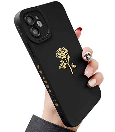 Qokey for iPhone 11 Case(2019 6.1"), Cute Plated Rose Gold Flower with Anti-Fall Lens Cameras Cover Shell, Soft TPU Shockproof Anti-Fingerprint Phone Protection Cases for Women Girls Men,Black